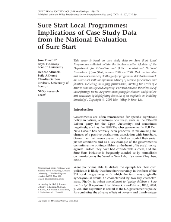 (PDF) Sure Start local programmes: implications of case study data from ...