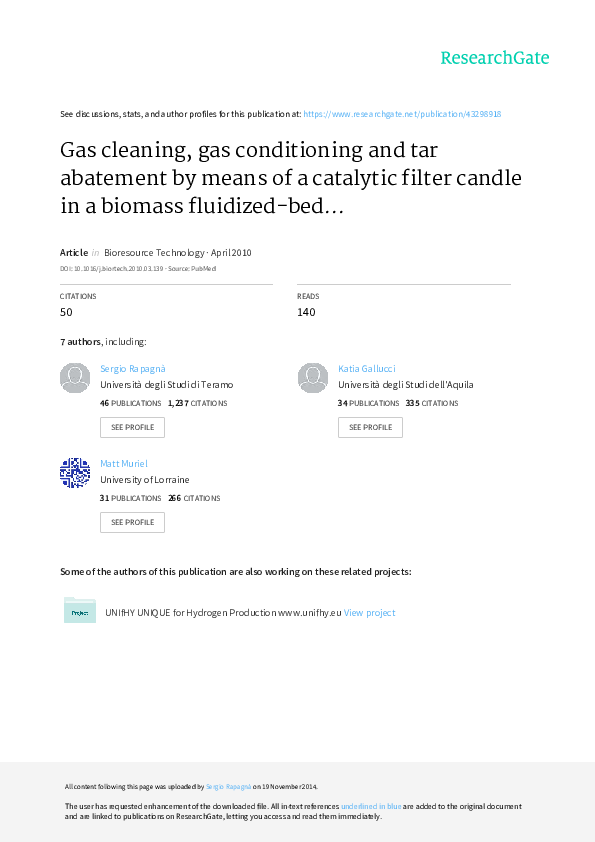 (PDF) Gas cleaning, gas conditioning and tar abatement by means of a ...