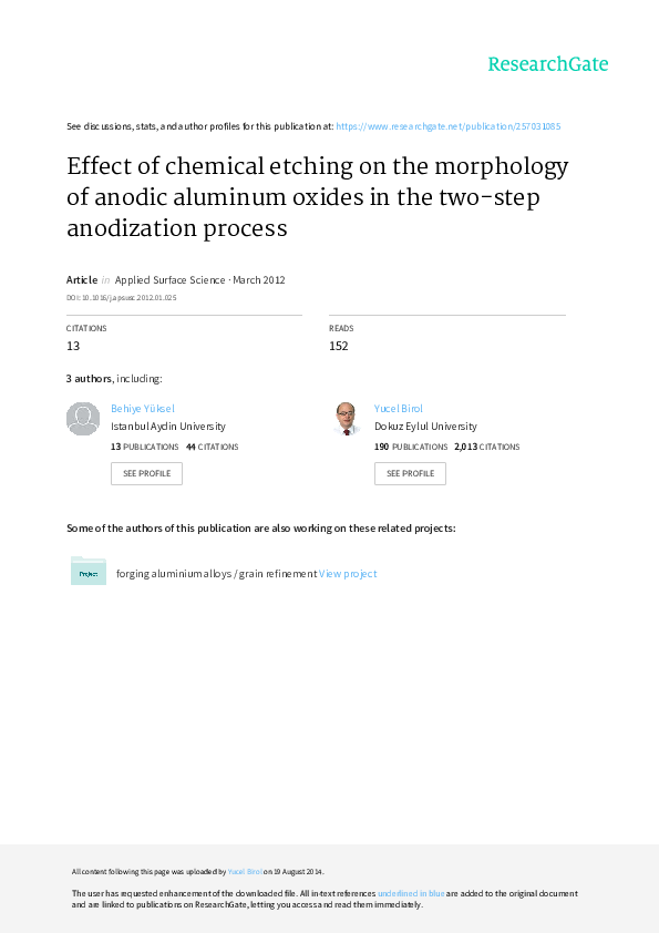 (PDF) Effect of chemical etching on the morphology of anodic aluminum ...