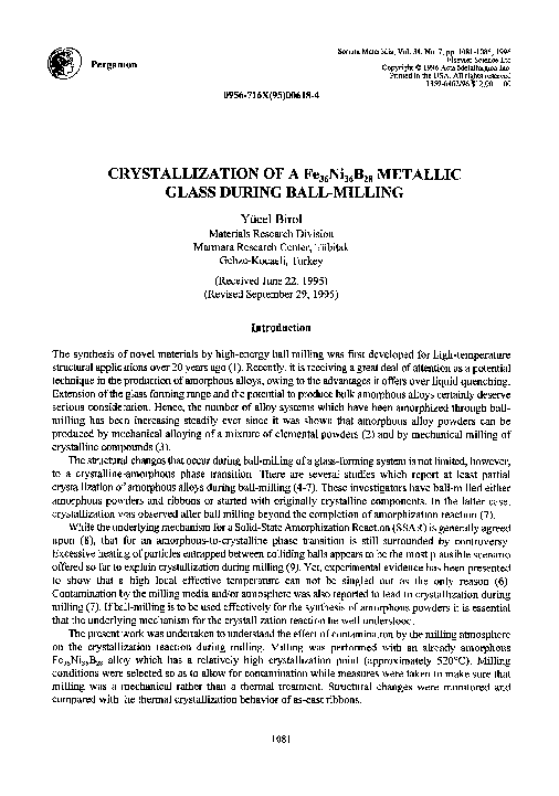 (PDF) Crystallization of A Fe 36Ni 36B 28 metallic glass during ball ...