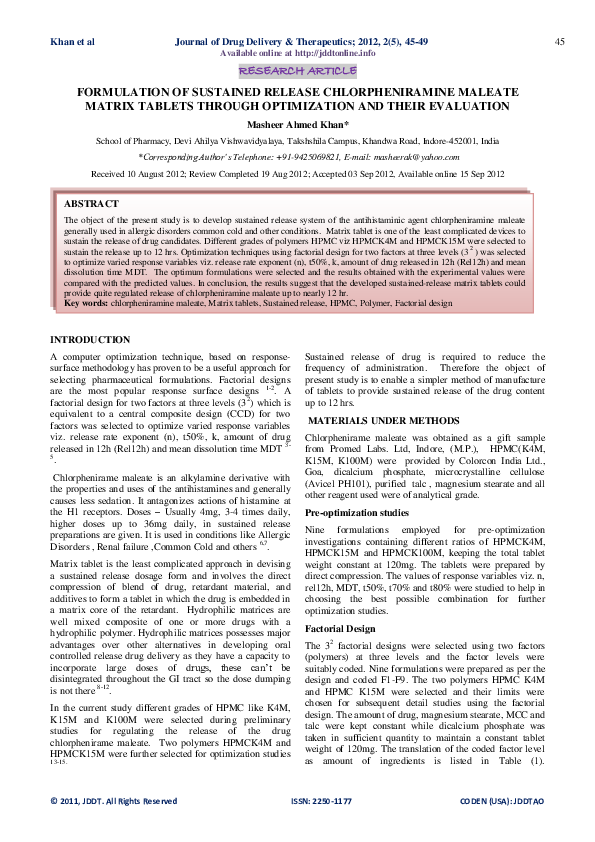 Formulation Of Sustained Release Chlorpheniramine Maleate Matrix Tablets Through Optimization