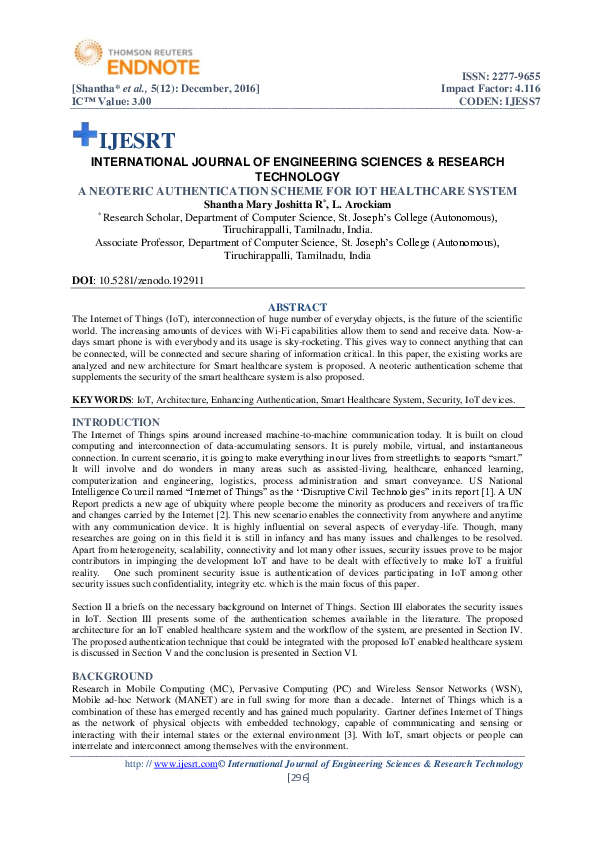 (PDF) A NEOTERIC AUTHENTICATION SCHEME FOR IOT HEALTHCARE SYSTEM (PDF) A NEOTERIC AUTHENTICATION SCHEME FOR IOT HEALTHCARE SYSTEM