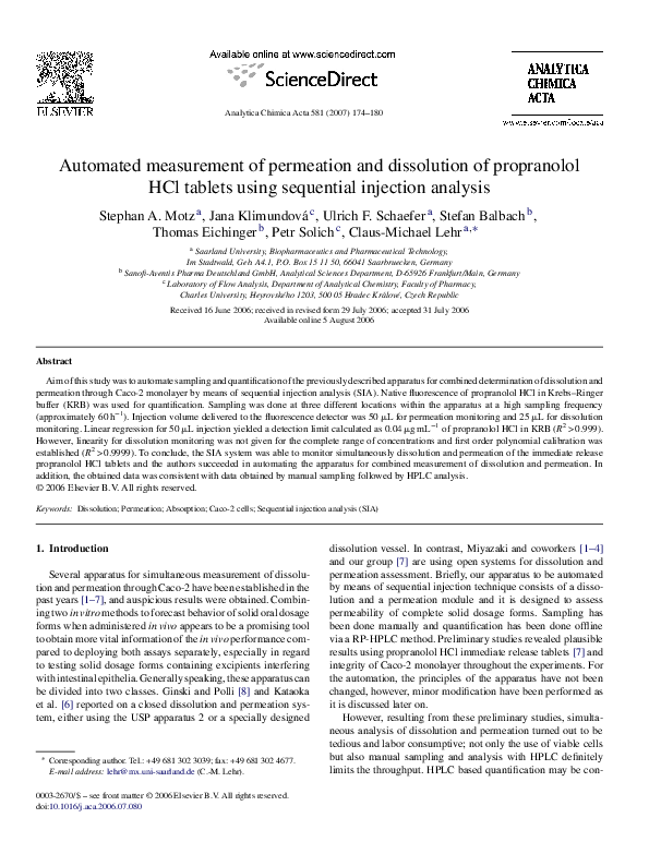 (PDF) Automated measurement of permeation and dissolution of propranolol HCl tablets using ...