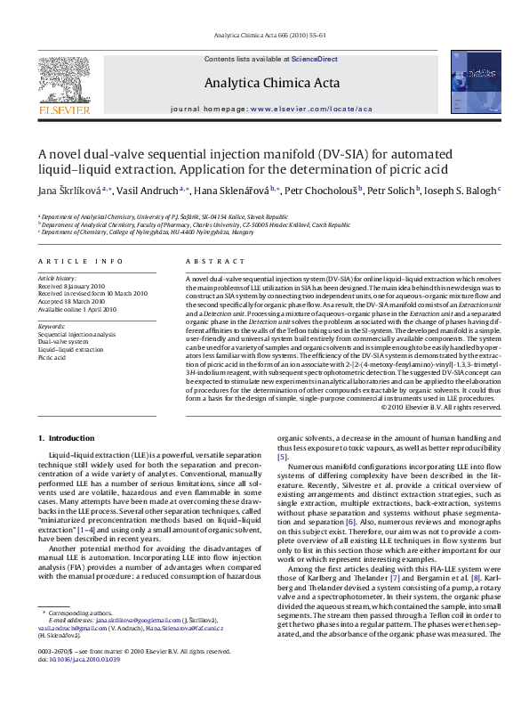 (PDF) A novel dual-valve sequential injection manifold (DV-SIA) for automated liquid–liquid ...