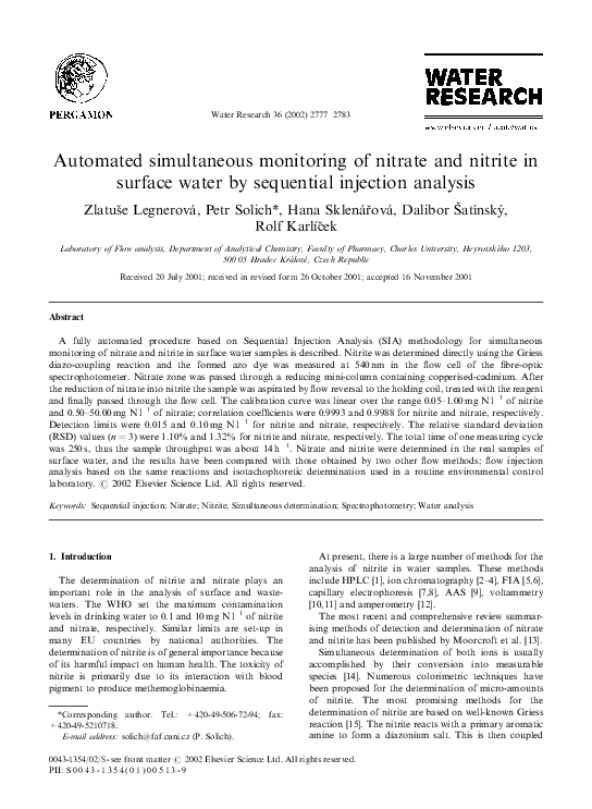 Pdf Automated Simultaneous Monitoring Of Nitrate And Nitrite In