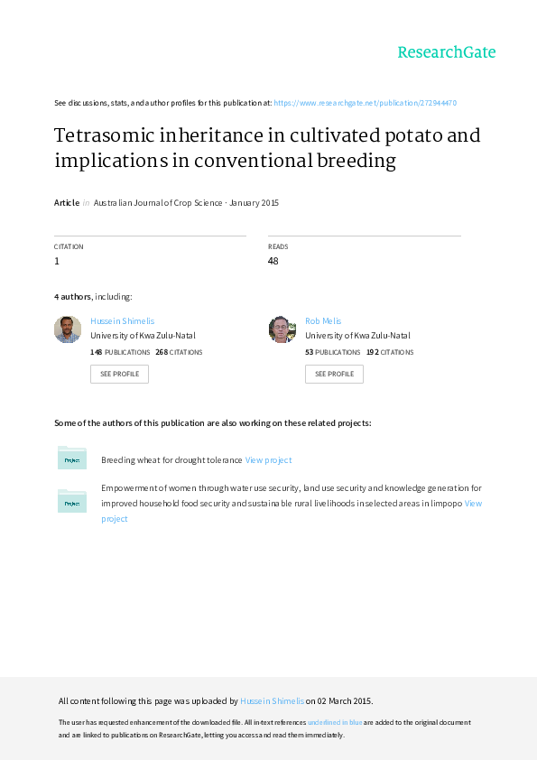 (PDF) Tetrasomic inheritance in cultivated potato and implications in conventional breeding
