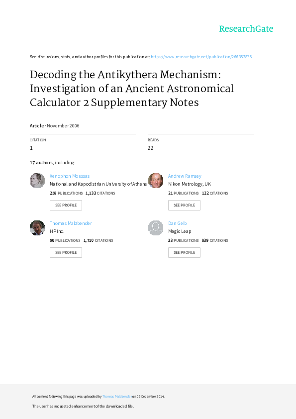 (PDF) Decoding the Antikythera Mechanism: Investigation of an Ancient ...