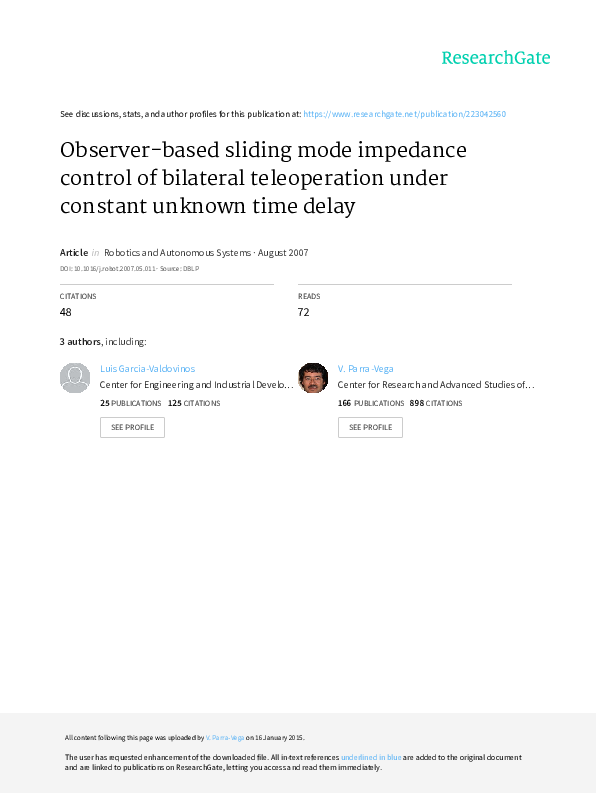 (PDF) Observer-based sliding mode impedance control of bilateral teleoperation under constant ...