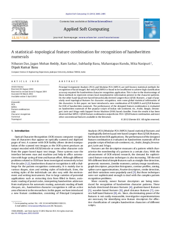 Pdf A Statistical Topological Feature Combination For Recognition Of