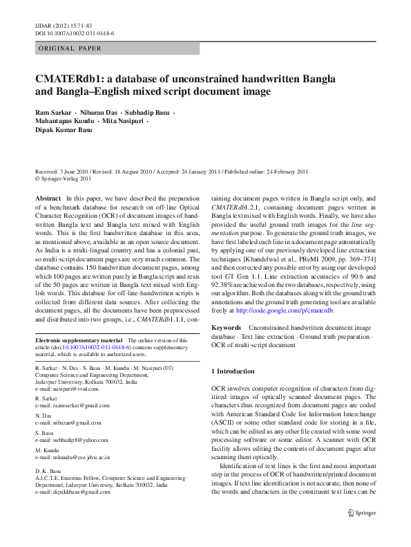 Pdf Cmaterdb1 A Database Of Unconstrained Handwritten Bangla And Banglaenglish Mixed Script