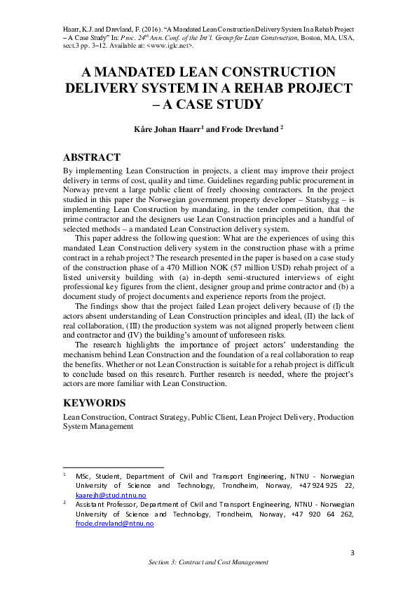 (PDF) A Mandated Lean Construction Delivery System in a Rehab Project – A Case Study
