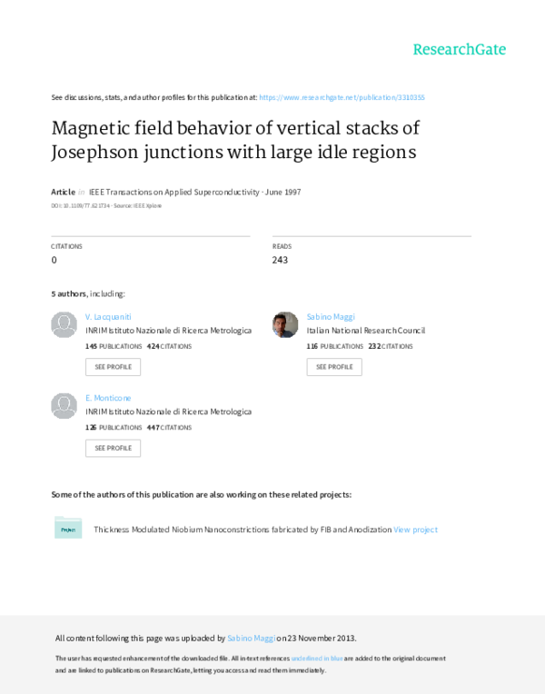 (PDF) Magnetic field behavior of vertical stacks of Josephson junctions with large idle regions