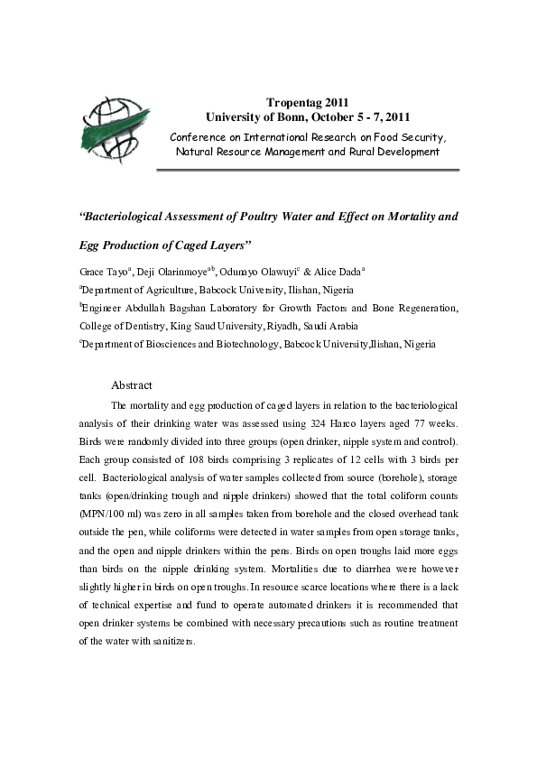 (PDF) " Bacteriological Assessment of Poultry Water and Effect on ...