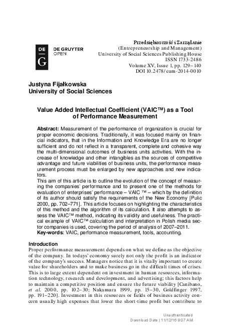 (PDF) Value Added Intellectual Coefficient (VAIC™) as a Tool of Performance Measurement
