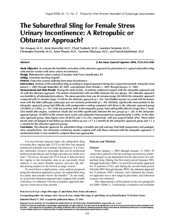 (PDF) The Suburethral Sling for Female Stress Urinary Incontinence: A ...