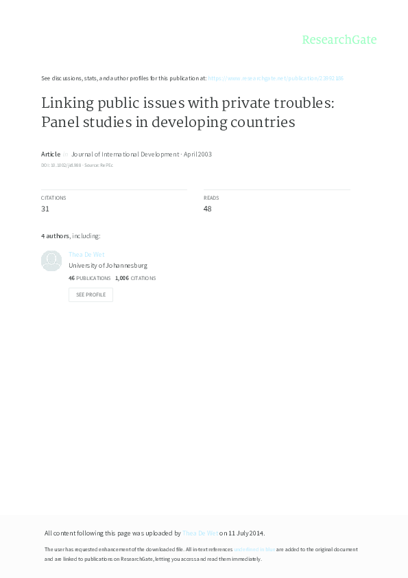 (PDF) Linking public issues with private troubles: panel studies in ...