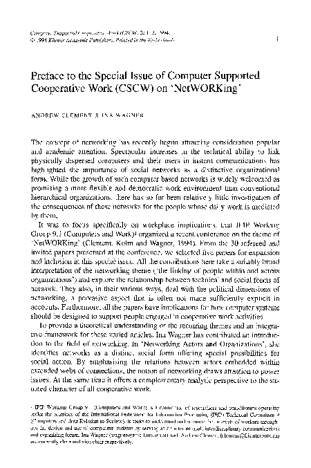 (PDF) Preface to the special issue of computer supported cooperative work (CSCW) on ‘networking’