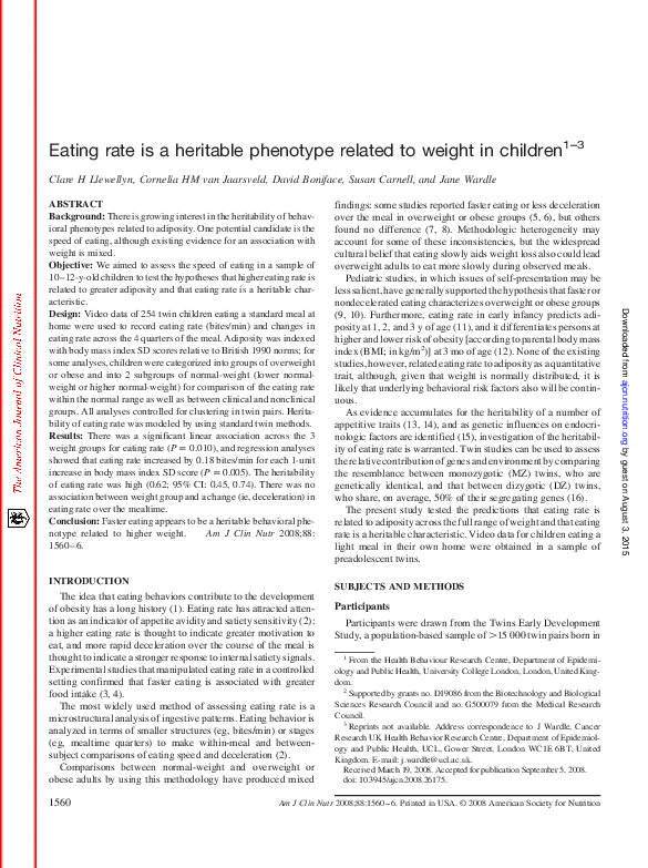 (PDF) Eating rate is a heritable phenotype related to weight in children