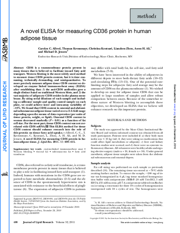 (PDF) A novel ELISA for measuring CD36 protein in human adipose tissue