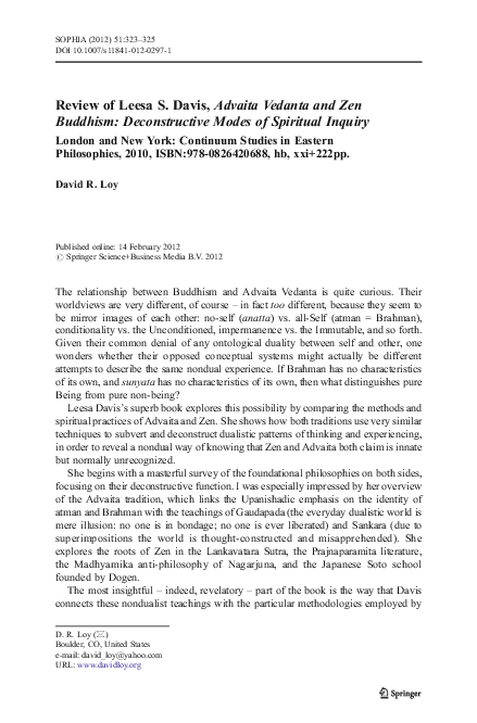 (PDF) Review of Leesa S. Davis, Advaita Vedanta and Zen Buddhism ...