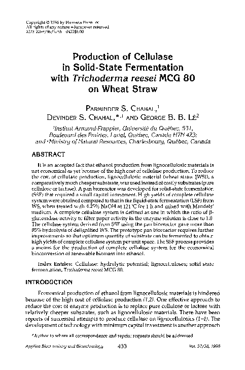 (PDF) Production of cellulase in solid-state fermentation withTrichoderma reesei MCG 80 on wheat ...
