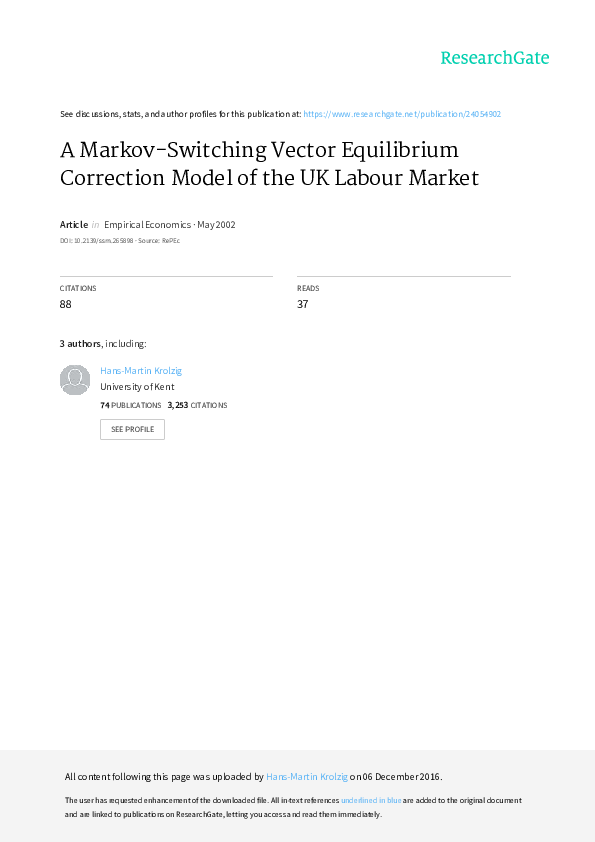 Pdf A Markov Switching Vector Equilibrium Correction Model Of The Uk Labour Market