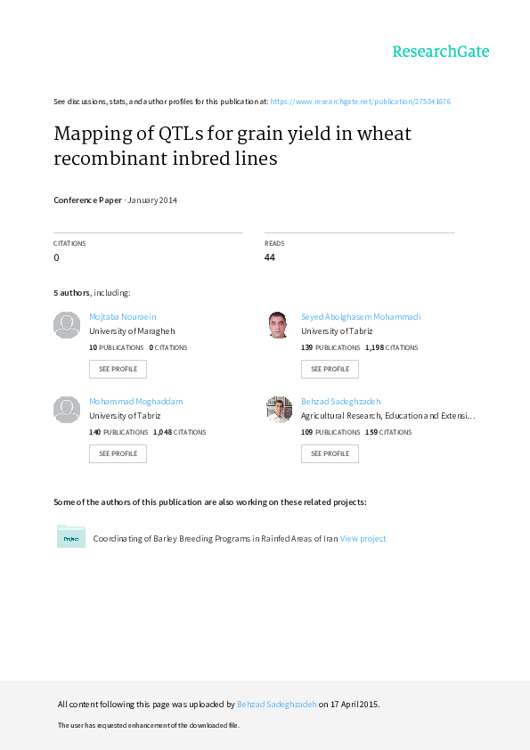 (PDF) Mapping of QTLs for grain yield in wheat recombinant inbred lines | Behzad Sadeghzadeh ...