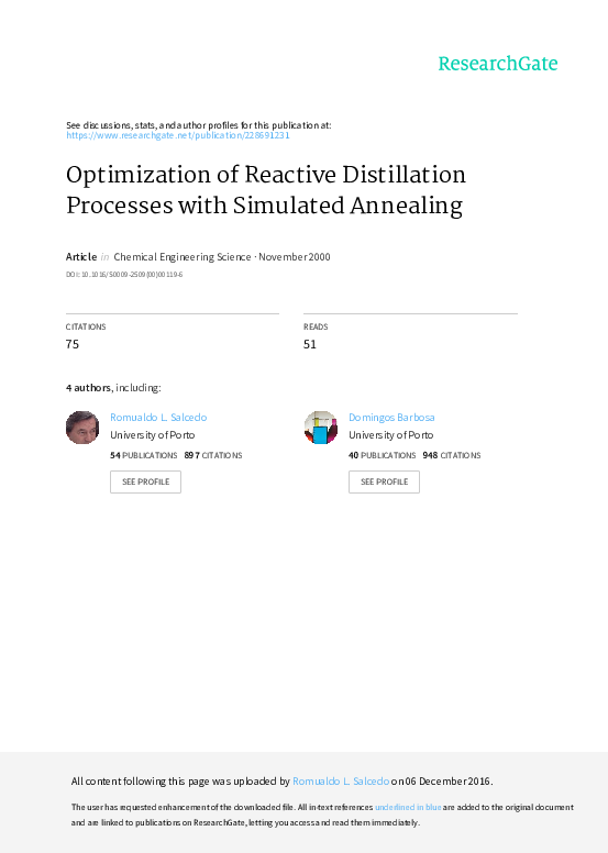 (PDF) Optimization of reactive distillation processes with simulated annealing