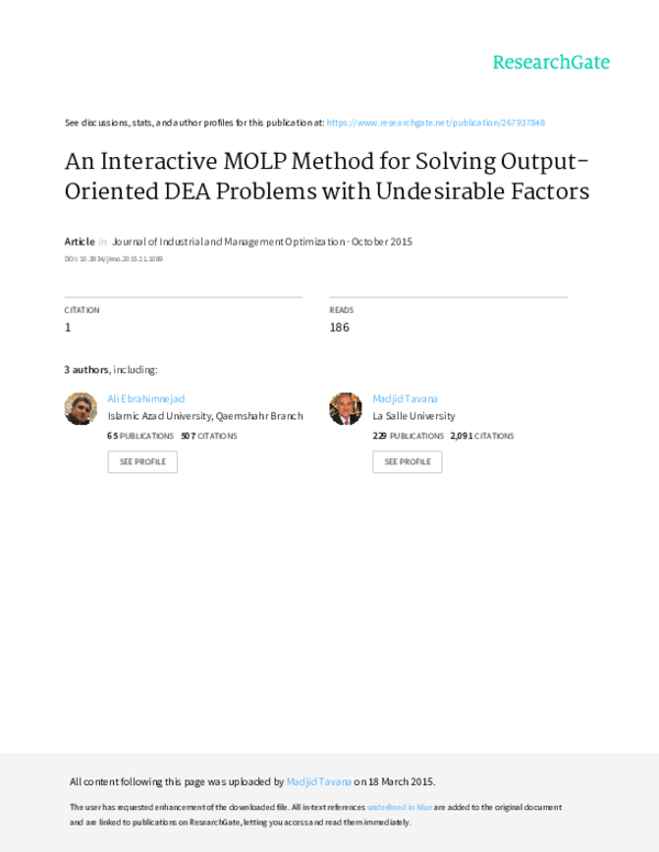 Pdf An Interactive Molp Method For Solving Output Oriented Dea