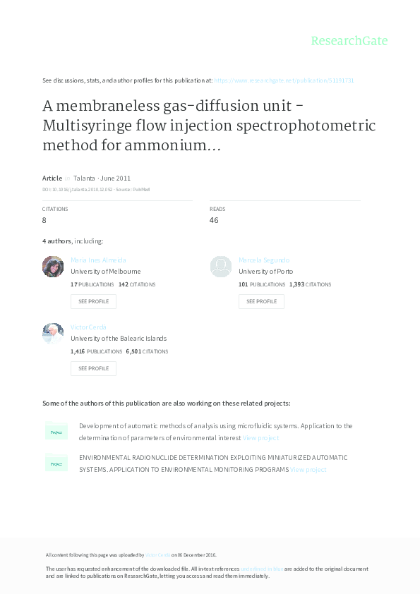 Pdf A Membraneless Gas Diffusion Unit Multisyringe Flow Injection Spectrophotometric Method