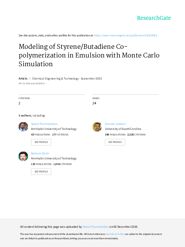 (PDF) Modeling of Styrene/Butadiene Co-polymerization in Emulsion with Monte Carlo Simulation