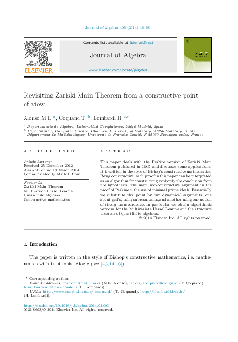 (PDF) Revisiting Zariski Main Theorem from a constructive point of view