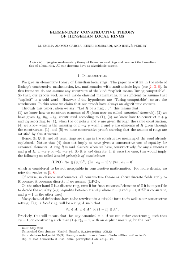 (PDF) Elementary Constructive Theory of Henselian Local Rings