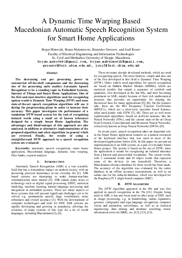 (PDF) A Dynamic Time Warping Based Macedonian Automatic Speech Recognition System for Smart Home ...