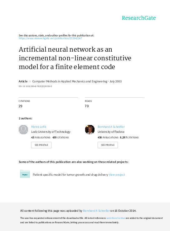 (PDF) Artificial neural network as an incremental non-linear constitutive model for a finite ...