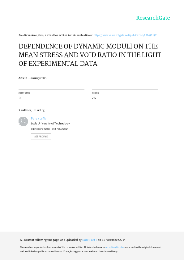 (PDF) Dependence of Dynamic Moduli on the Mean Stress and Void Ratio in ...