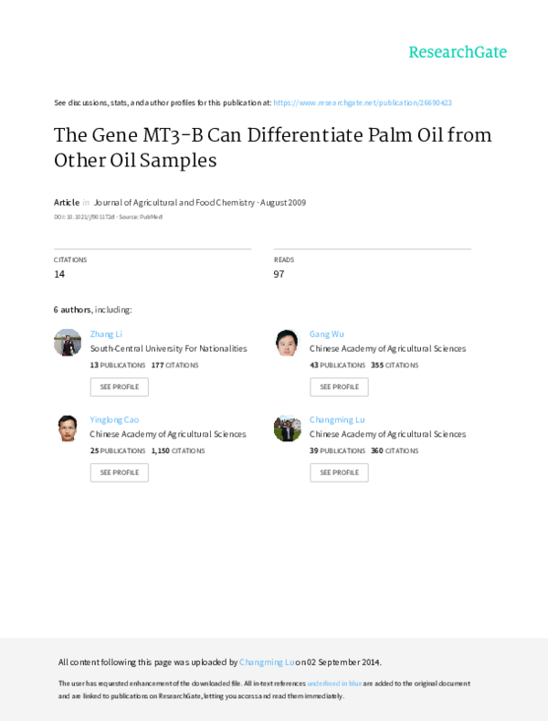 (PDF) The Gene MT3-B Can Differentiate Palm Oil from Other Oil Samples
