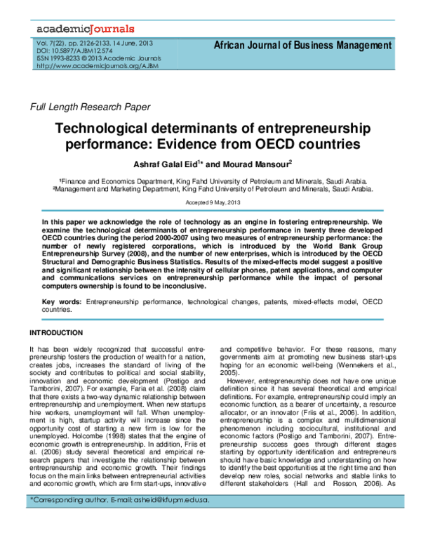 (PDF) Technology's Impact on Entrepreneurship in OECD Nations (PDF) Technology's Impact on Entrepreneurship in OECD Nations
