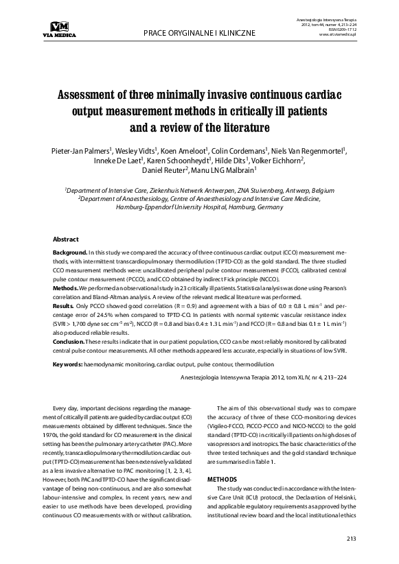 Pdf Assessment Of Three Minimally Invasive Continuous Cardiac Output Measurement Methods In