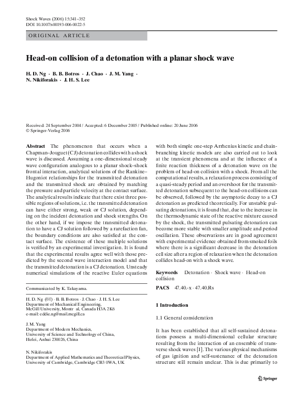 (PDF) Head-on Collision of a Detonation with a Planar Shock Wave