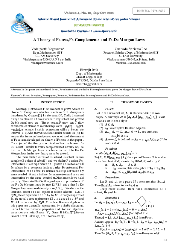 (PDF) A Theory of Fs-sets,Fs-Complements and Fs-De Morgan Laws