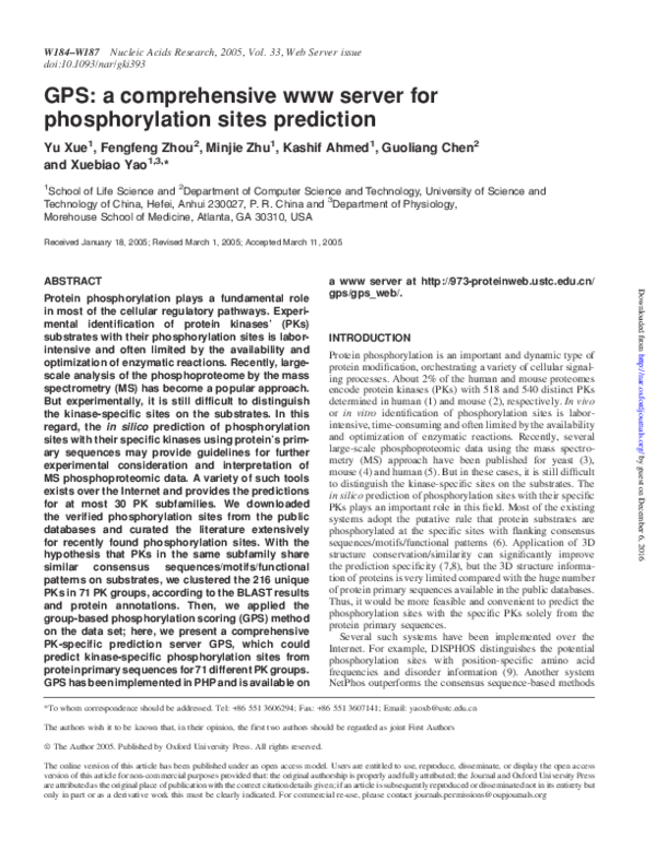 (PDF) GPS: A Web Server for Predicting Kinase-Specific Phosphorylation