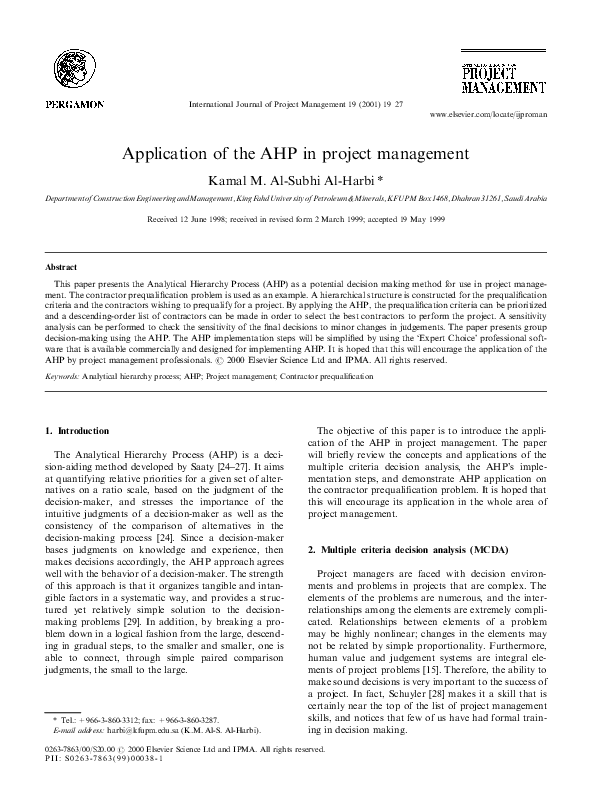 (PDF) Application of the AHP in project management