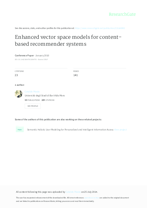 Pdf Enhanced Vector Space Models For Content Based Recommender Systems