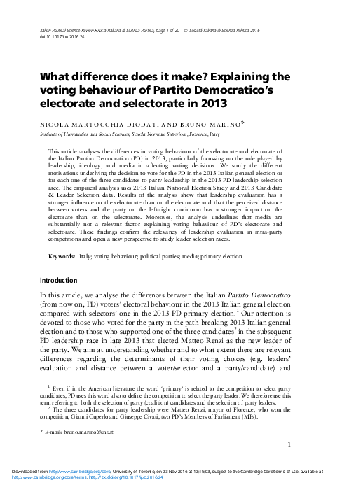 (PDF) What difference does it make? Explaining the voting behaviour of Partito Democratico's ...