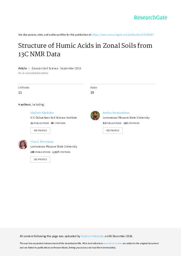 (PDF) Structure of humic acids in zonal soils from 13C NMR data
