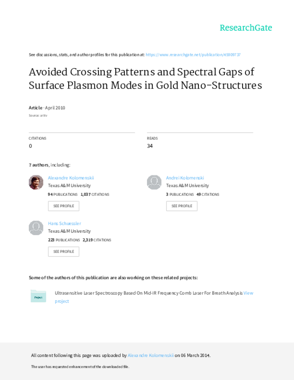 Pdf Avoided Crossing Patterns And Spectral Gaps Of Surface Plasmon Modes In Gold Nano Structures