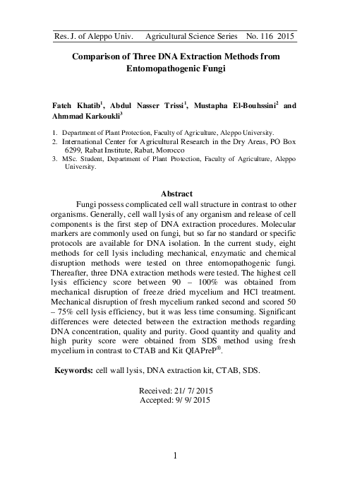 (PDF) Comparison of Three DNA Extraction Methods from Entomopathogenic Fungi