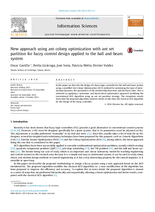 (PDF) New approach using ant colony optimization with ant set partition for fuzzy control design ...