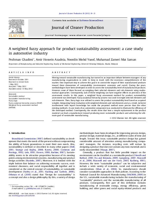 (PDF) A weighted fuzzy approach for product sustainability assessment ...